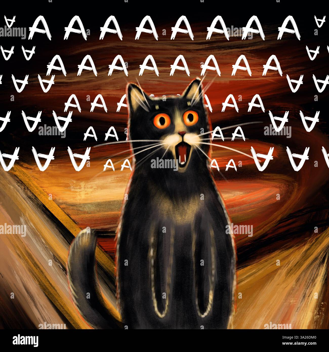Cat in fire meme. Hell art illustration. Greeting card. Hand draw ...