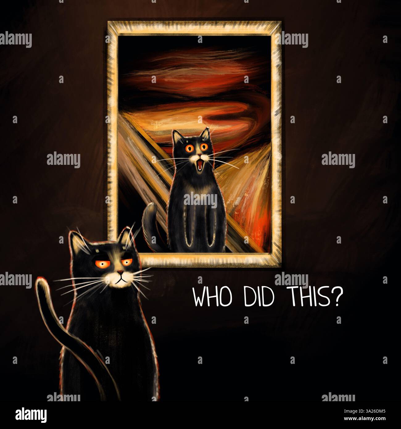 Cat in fire meme. Hell art illustration. Greeting card. Hand draw ...