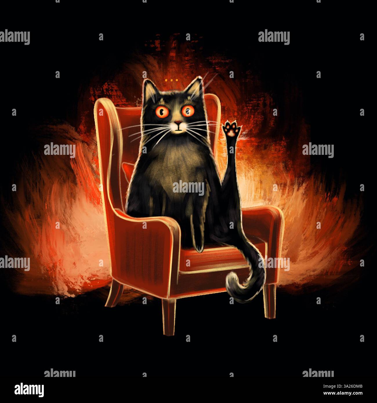 Cat in fire meme. Hell art illustration. Greeting card. Hand draw ...