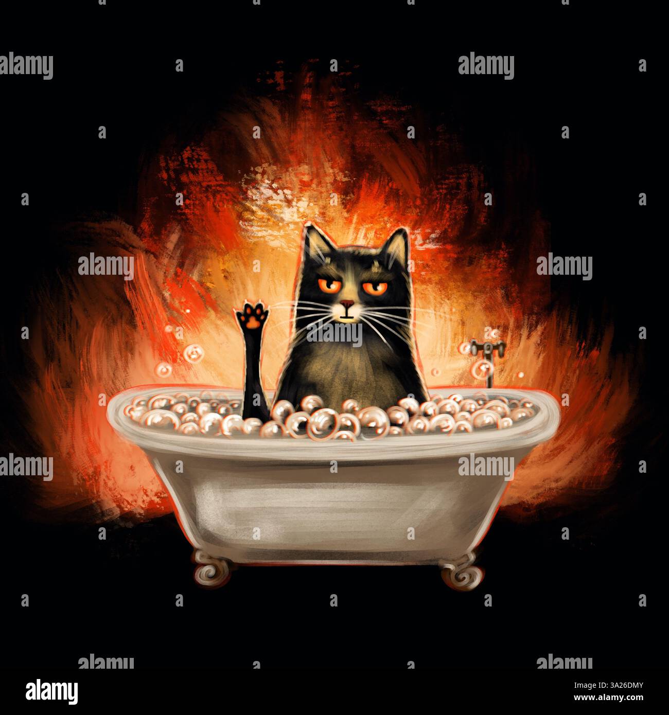 Cat in fire meme. Hell art illustration. Greeting card. Hand draw ...
