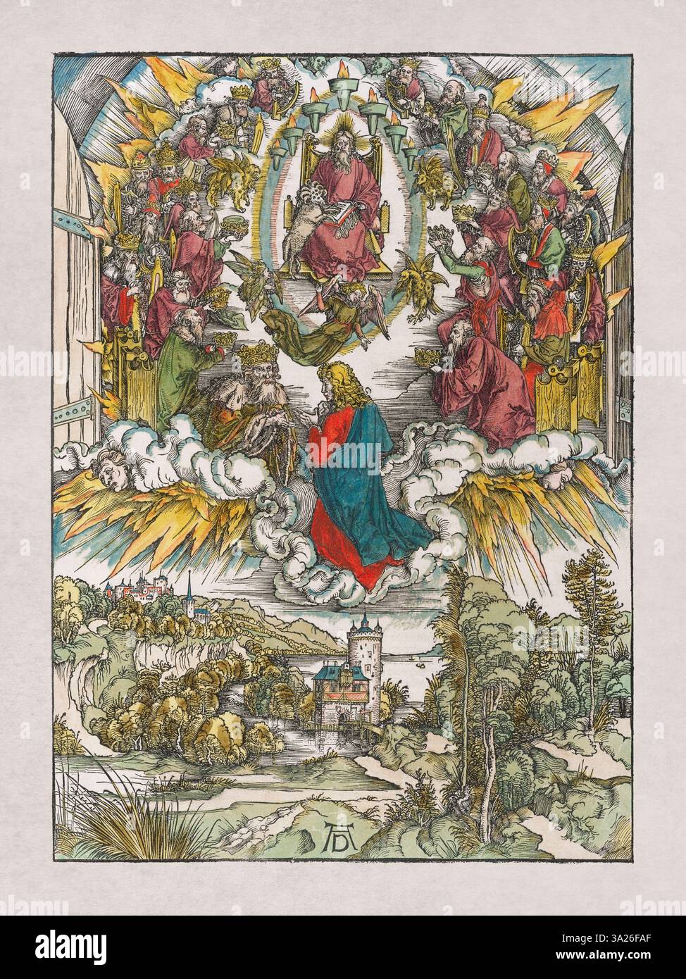 Colored woodcut representing Saint John kneeling before Christ and the ...