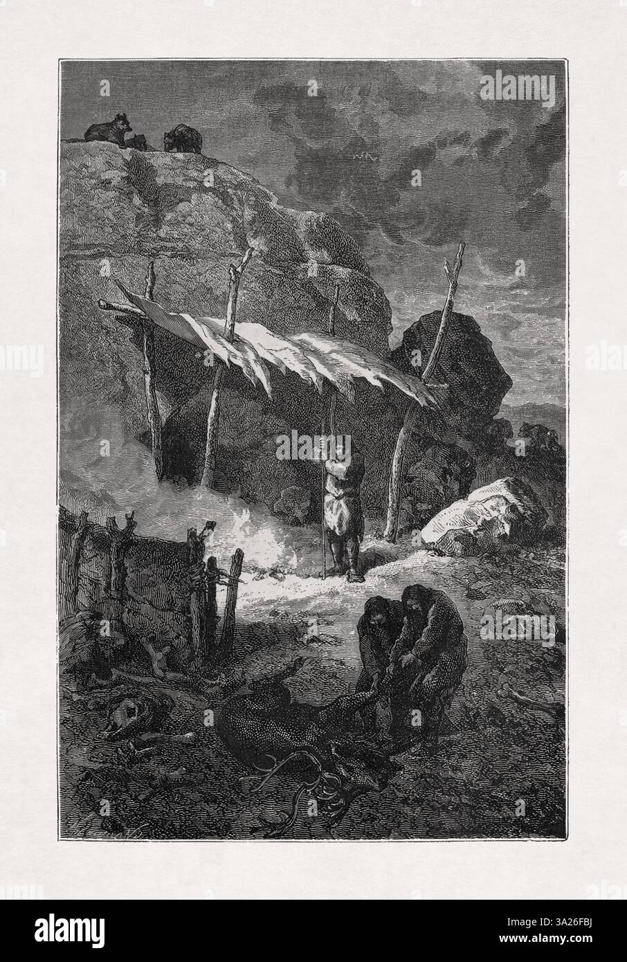 Engraving representing the troglodyte men (Cavemen) at the time of the ...