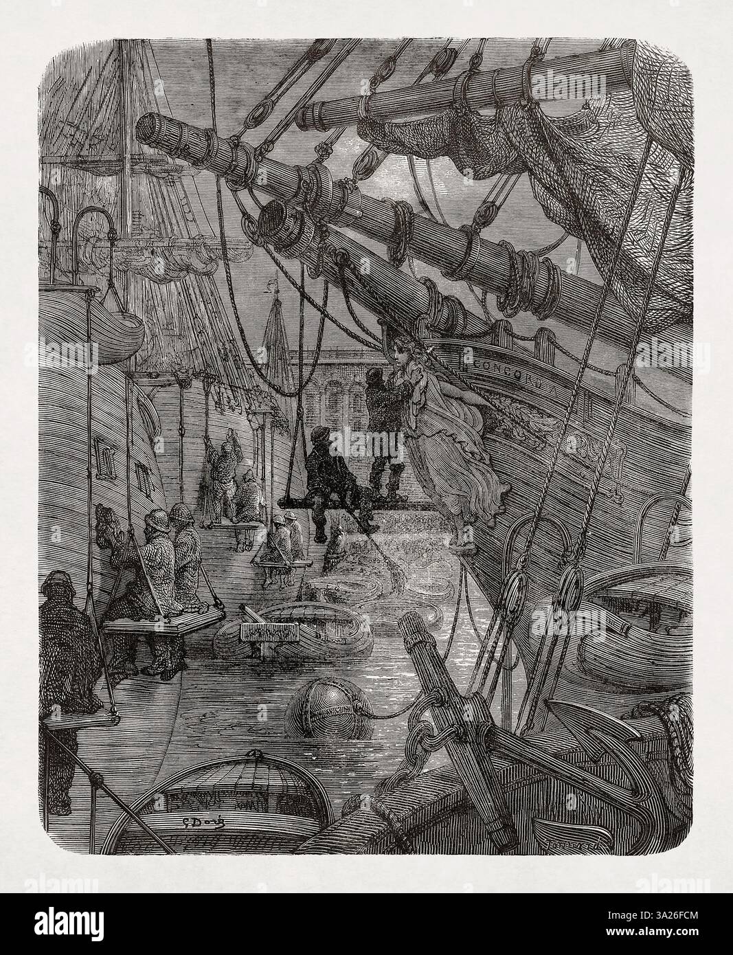 Engraving depicting the Concordia ship, in a dock basin made in 1873 by ...