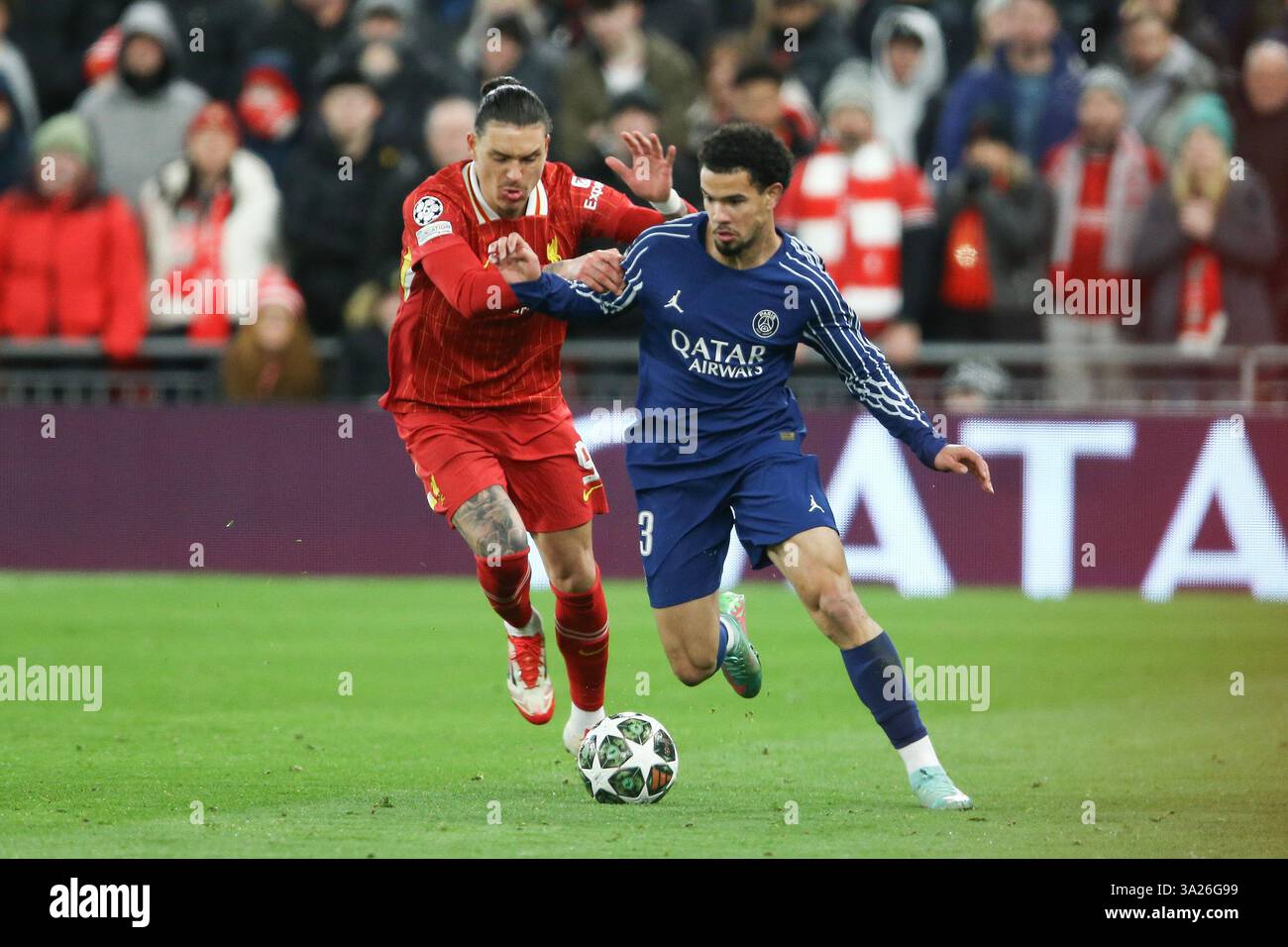 Liverpool, UK. 11th Mar, 2025. Darwin Nunez of Liverpool and Warren ...