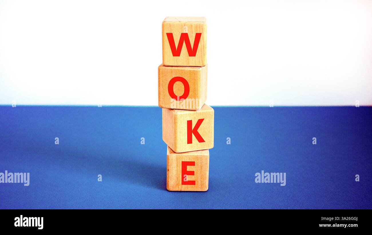 Woke question symbol. Concept word Woke question on beautiful wooden ...