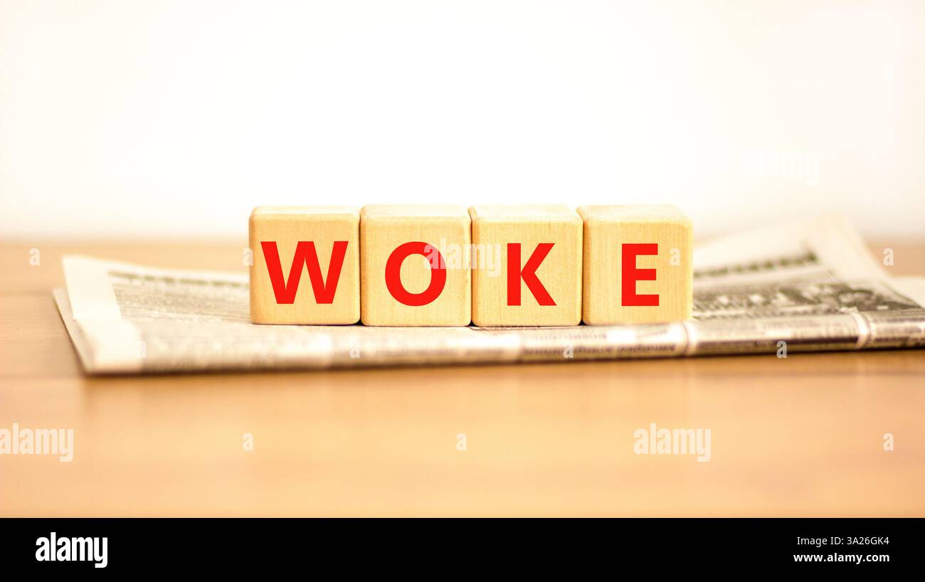 Woke question symbol. Concept word Woke question on beautiful wooden ...