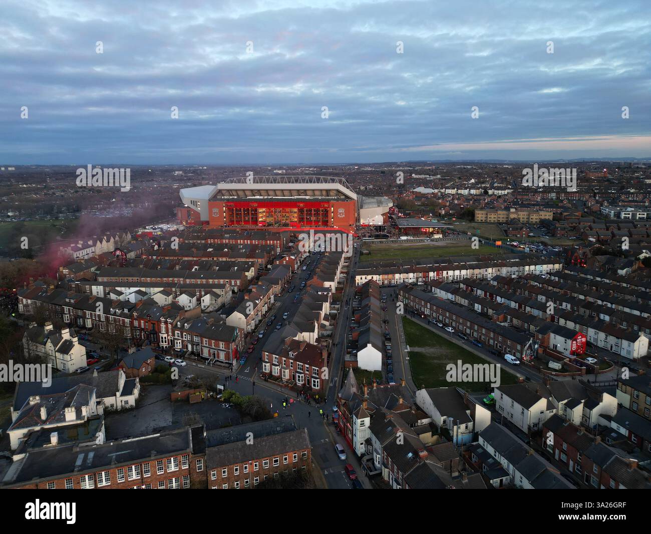 Aerial early evening view of Anfield Stadium, home of Liverpool FC ...