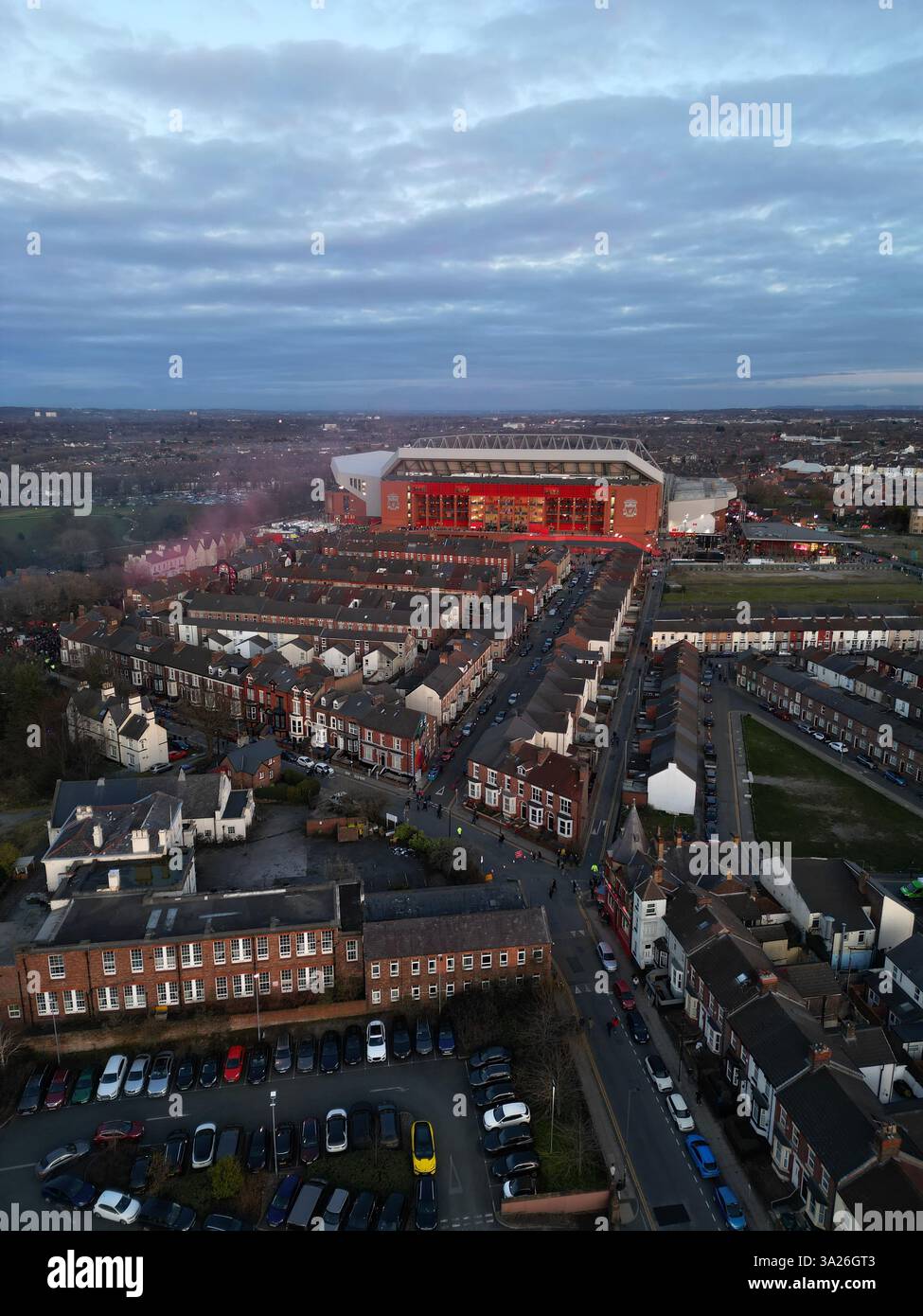 Aerial early evening view of Anfield Stadium, home of Liverpool FC ...