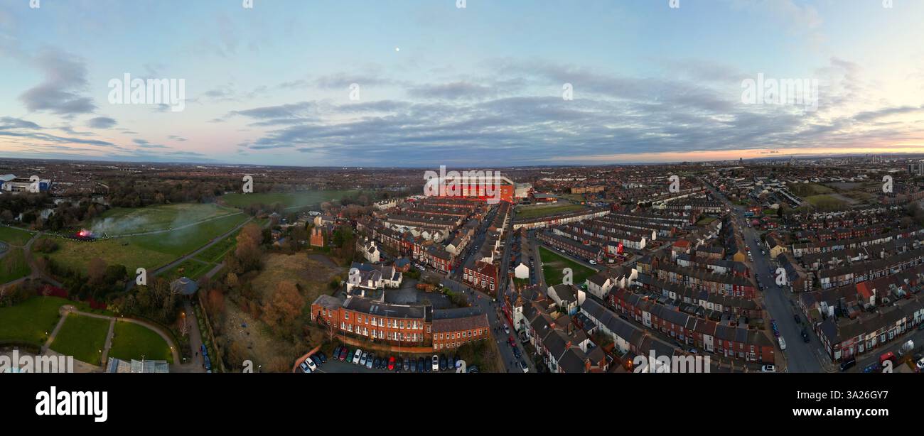 Aerial early evening panoramic view of Anfield Stadium, home of ...
