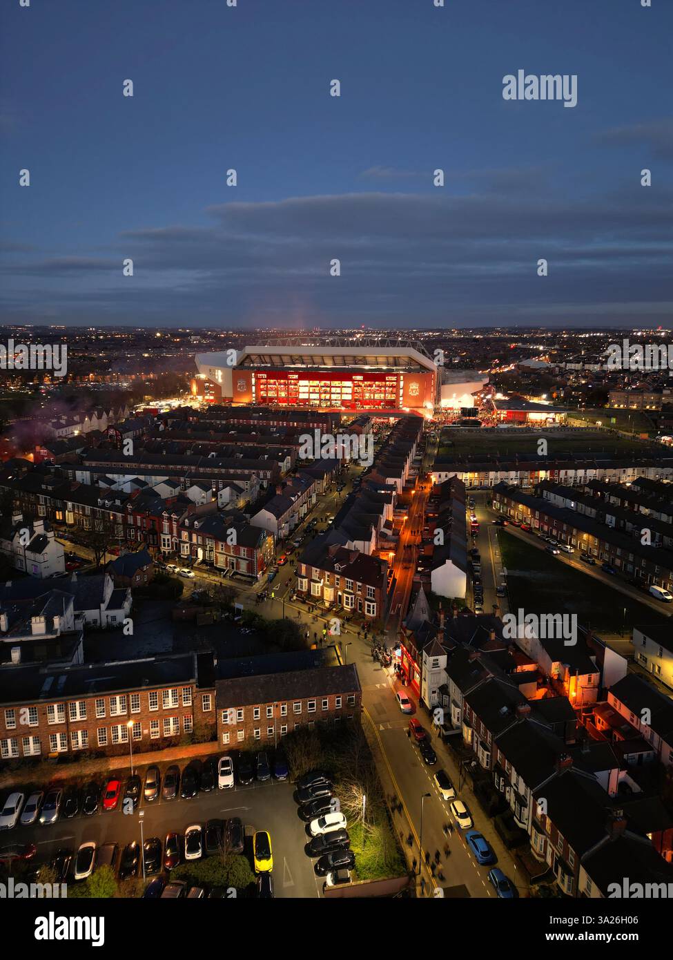 Aerial night view of Anfield Stadium, home of Liverpool FC, glowing ...