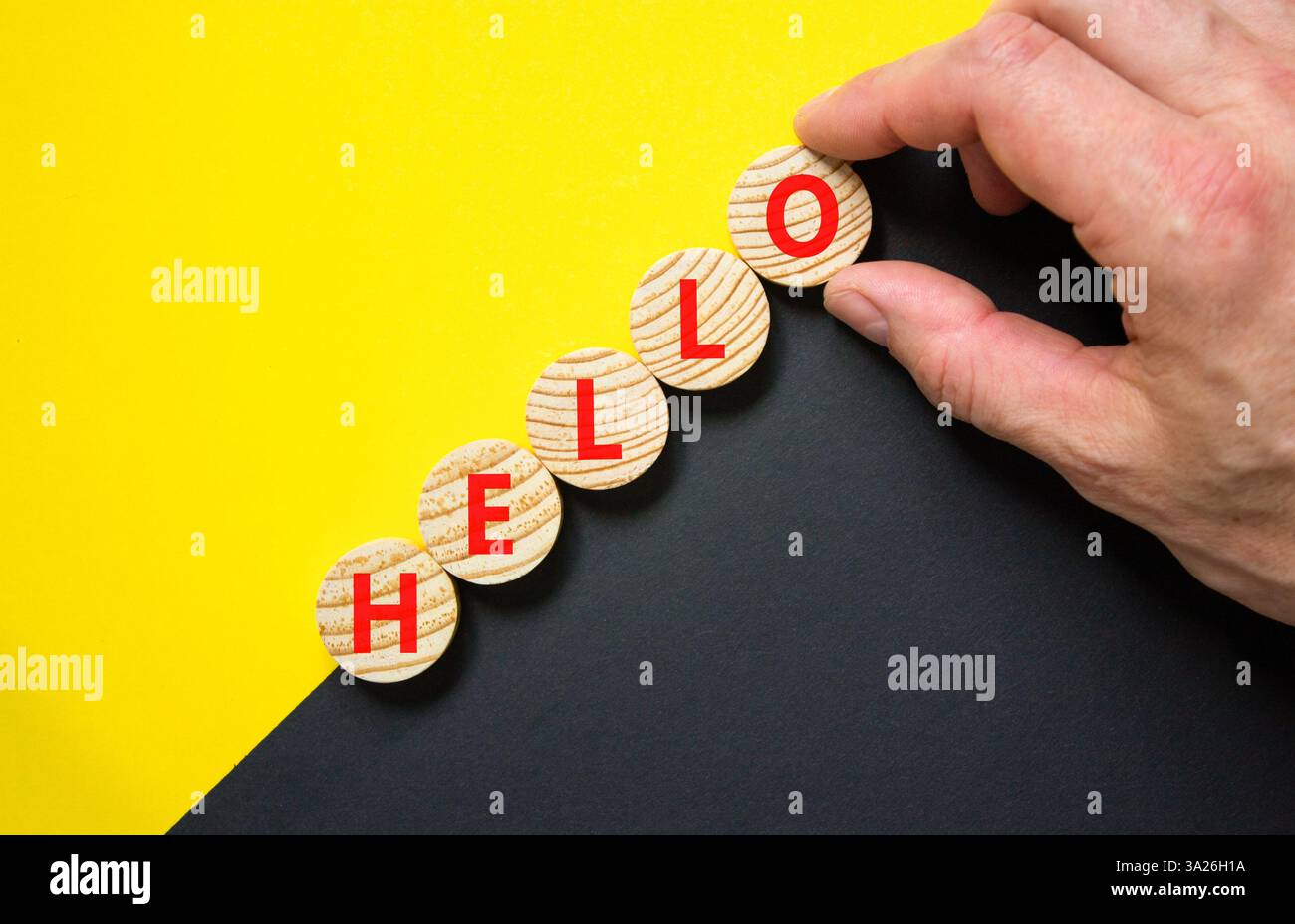 Hello symbol. Concept word Hello on beautiful wooden circles. Beautiful ...