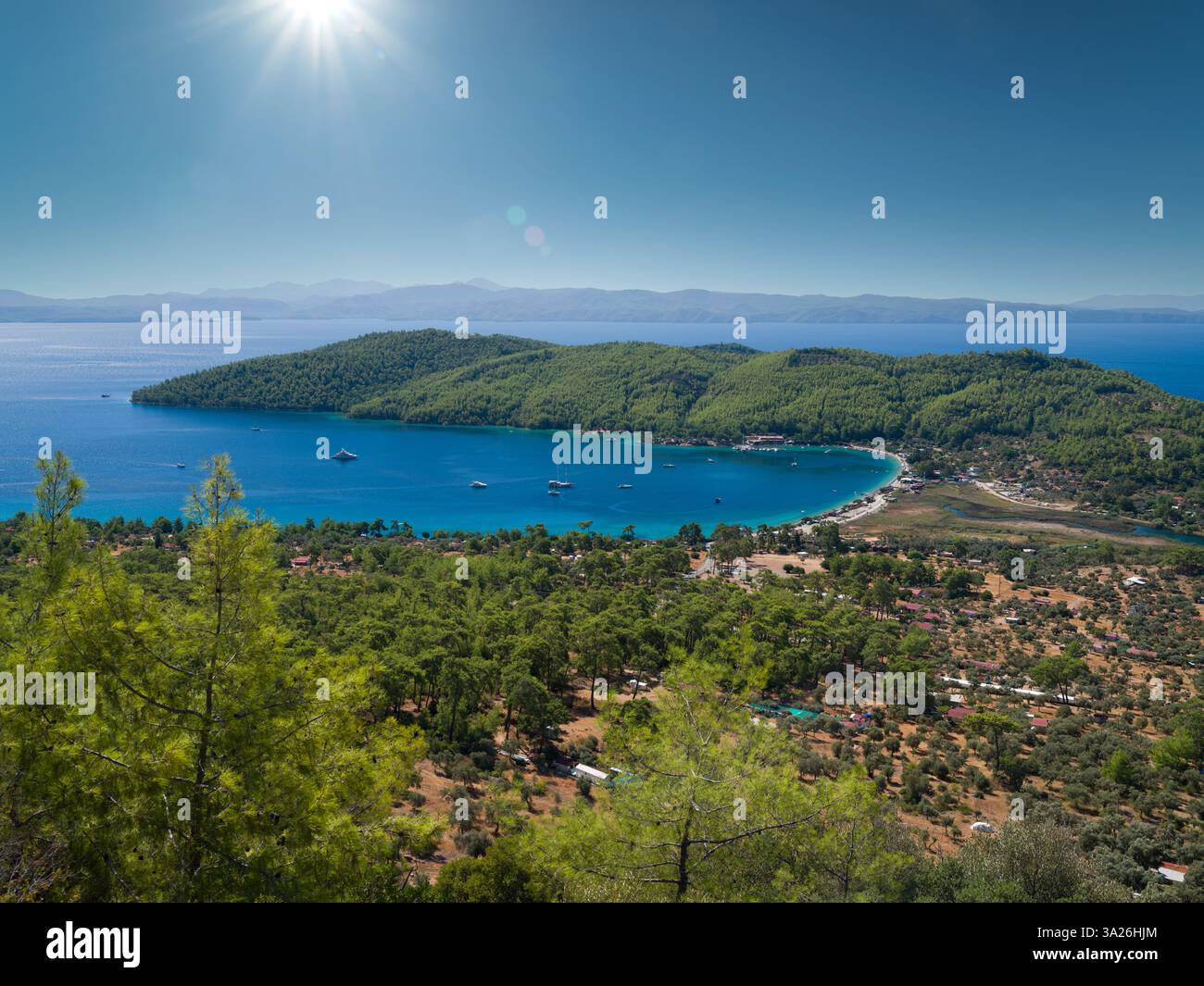 Top view of Akbuk beach in the gulf of Gokova. The coasts of the Aegean ...