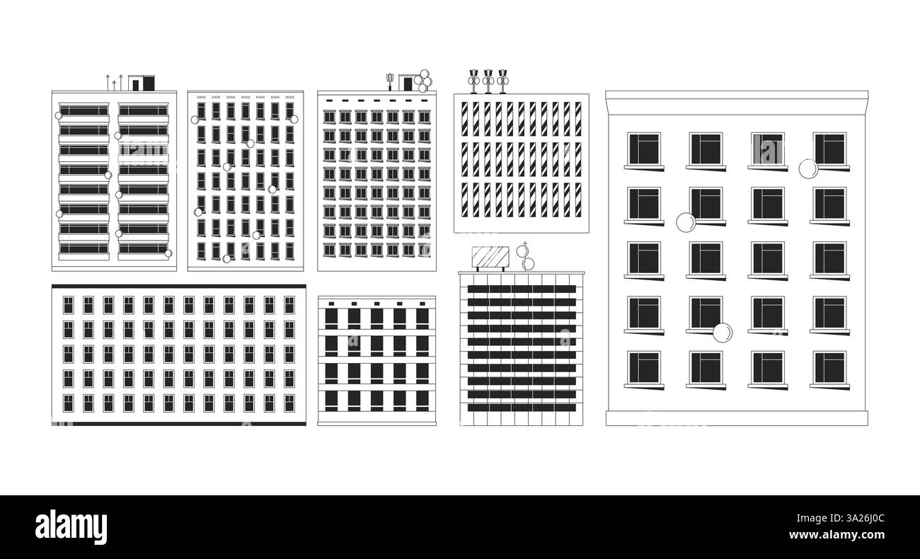 Highrise buildings in variety of architectural styles with antennas 2D ...