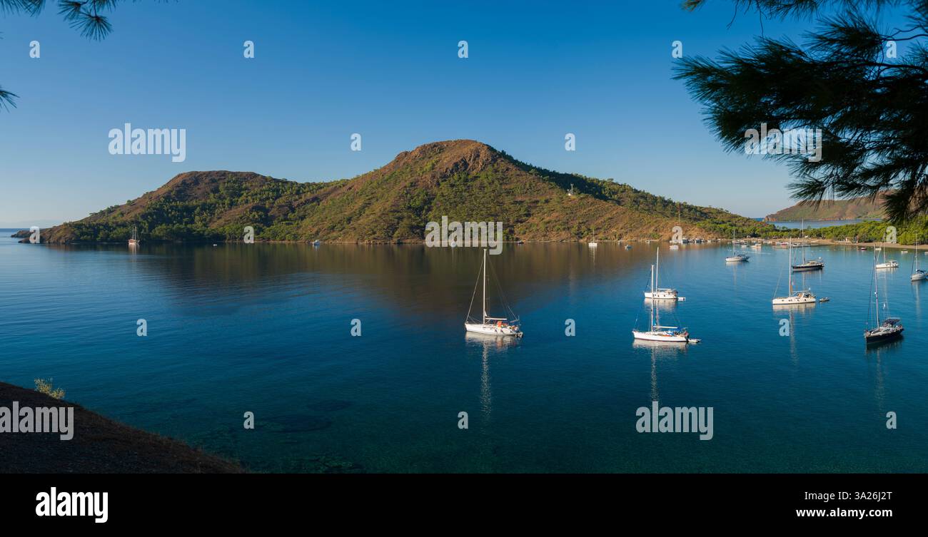Panoramic view of Aktur beach. Sailing boats and beautiful nature in a ...