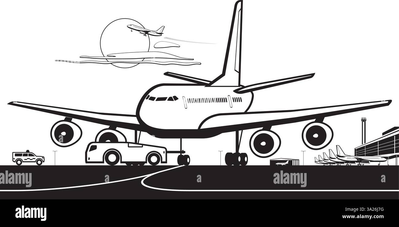 Pushback tractor moving aircraft to runway at airport – vector ...