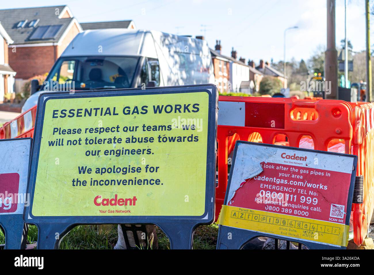 Essential gas works sign in front of Cadent roadworks. Sign reads ...