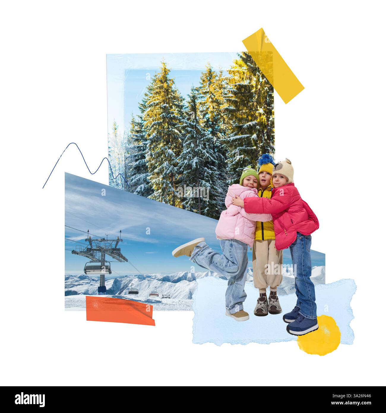 Creative artwork. Three kids in colorful winter jackets hugging ...