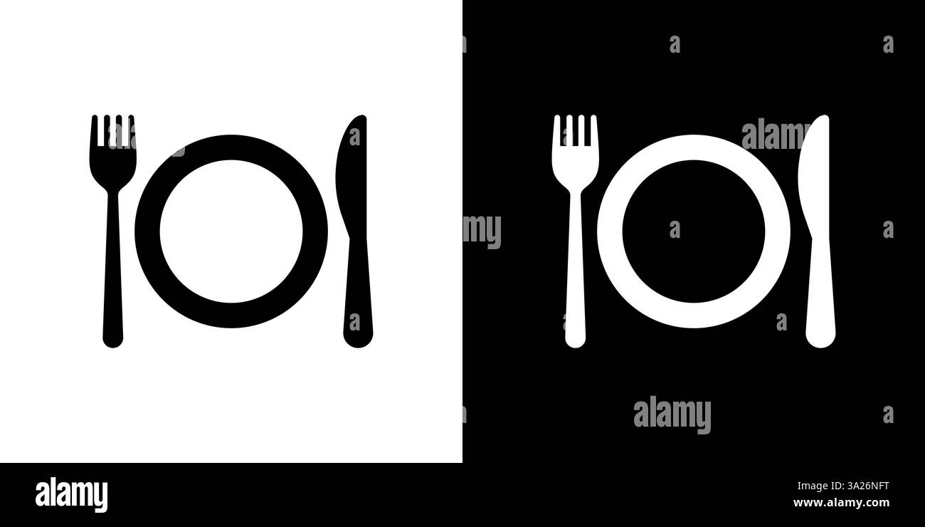 Simple Black and White Icon of Plate, Fork, and Knife Stock Vector ...