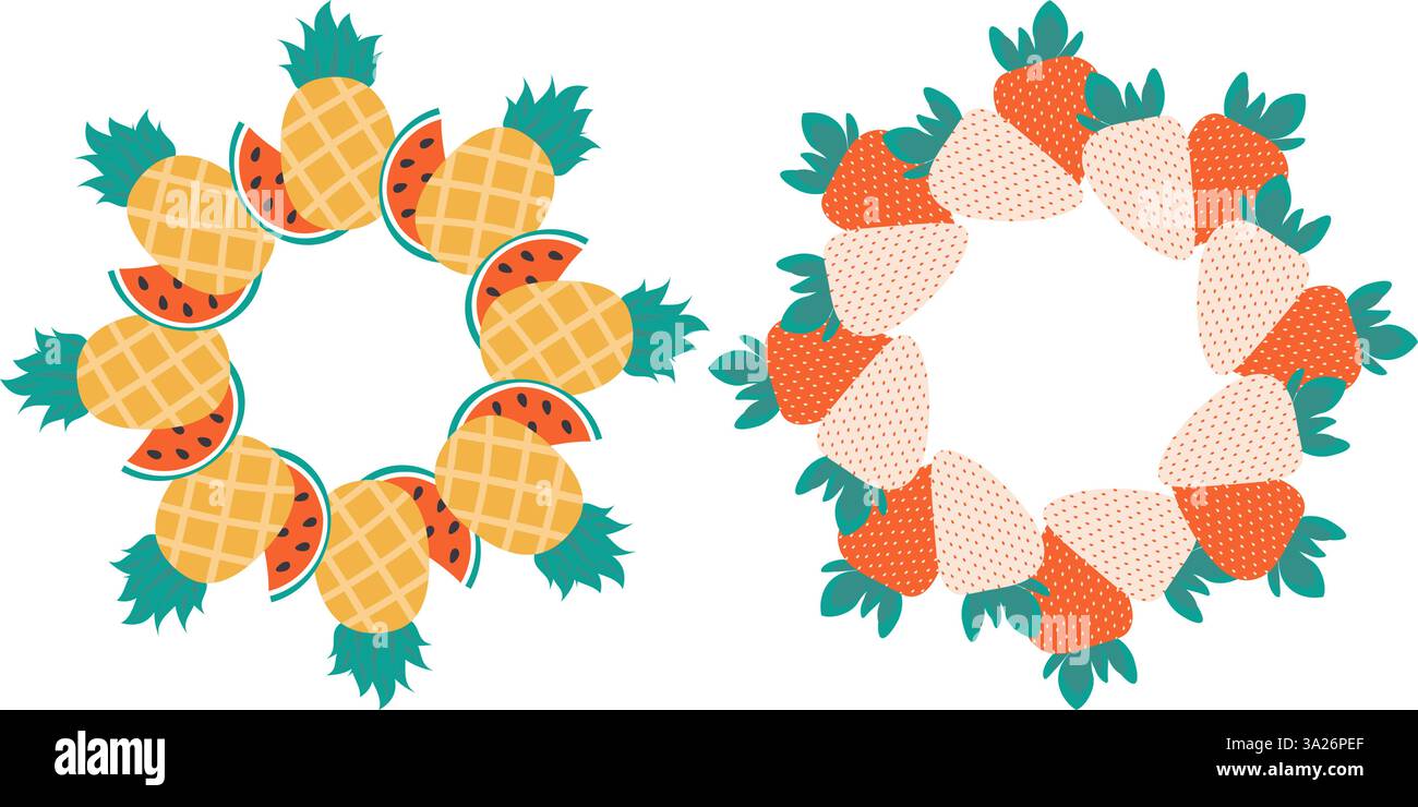 White and red strawberry Circle Frame border in trendy doodle ...