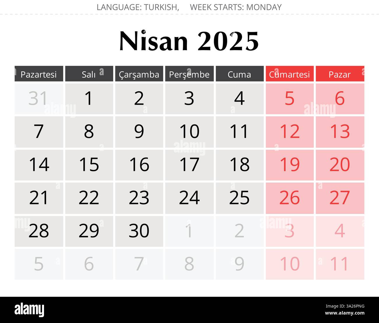Turkish calendar for month april 2025 - takvim nisan. Vector ...