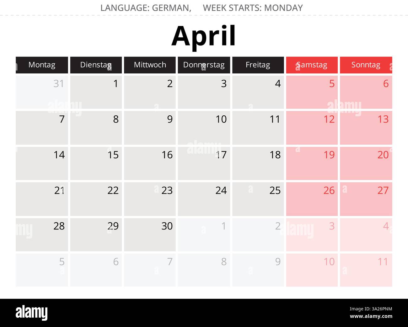 German calendar for april 2025. Vector illustration of a spring month ...