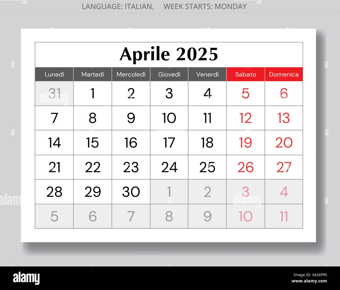 Italian Page Of Calendar For Month April 2025 Aprile Vector