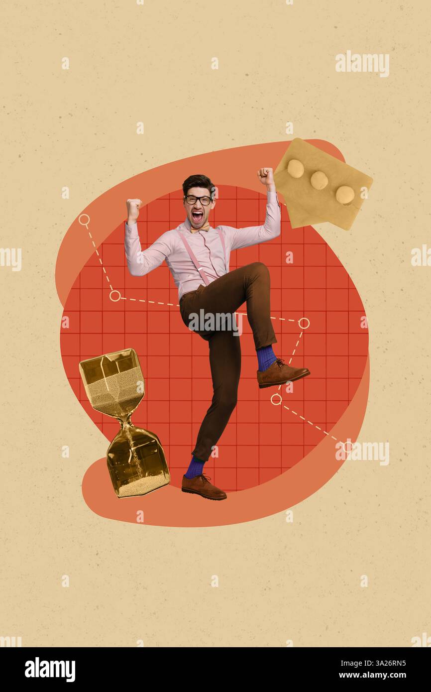 Art image vertical photo collage of excited guy stand text box ...
