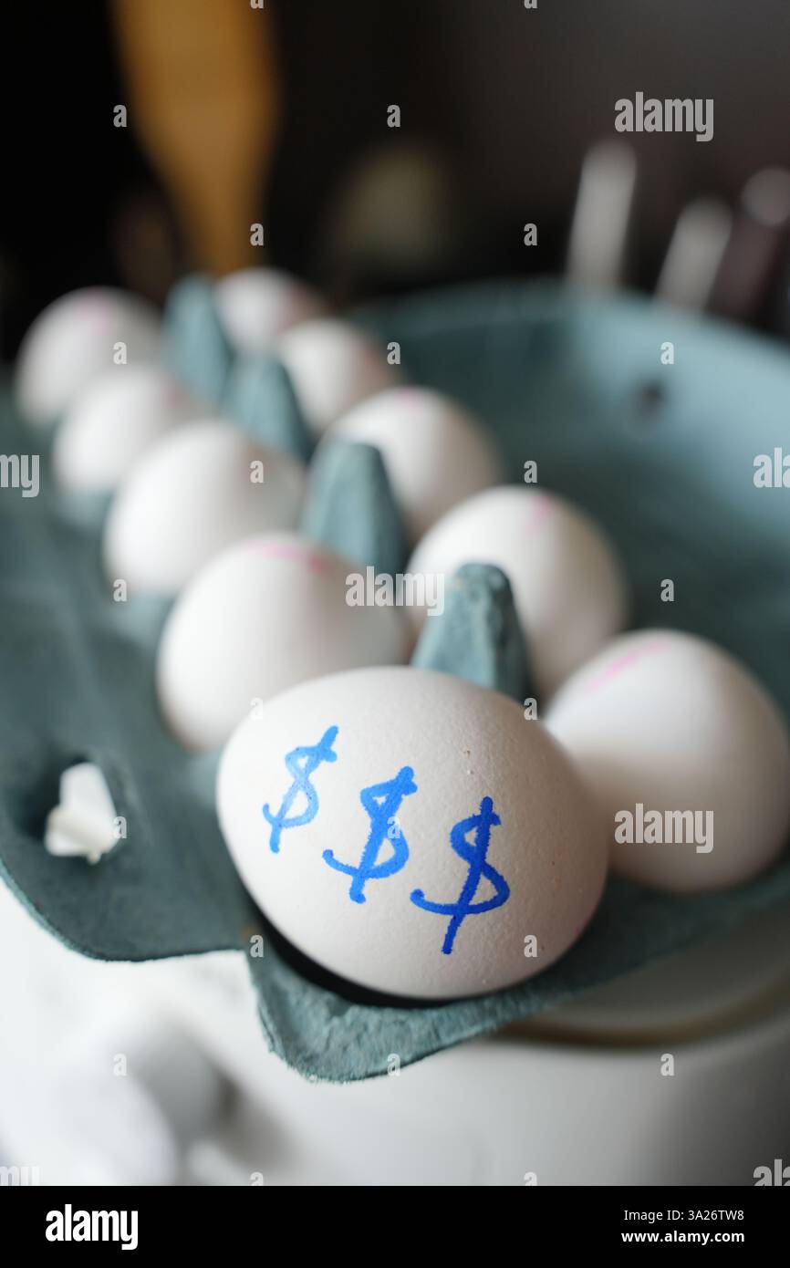 Box of white eggs with one egg marked with dollar signs, depicting high ...