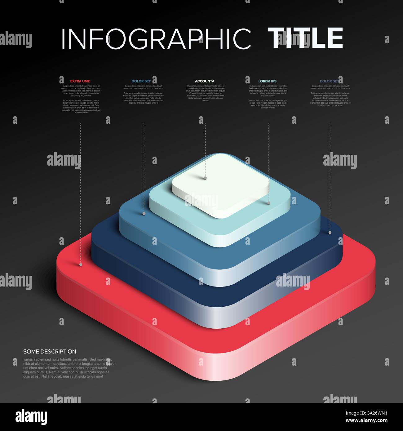 A 3D layered infographic with blue and red overlapping rectangles in a pyramid structure ...