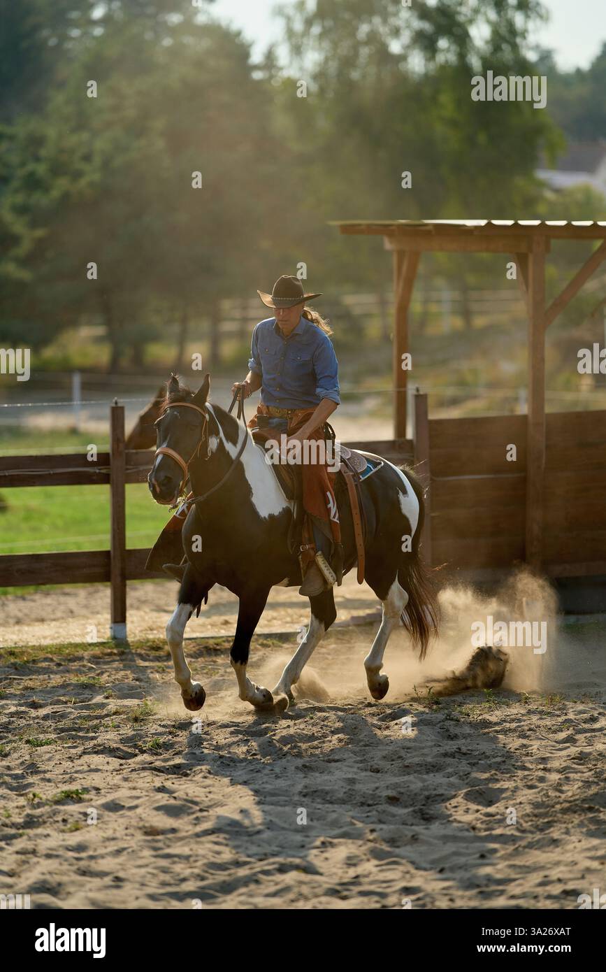 A person rides a black and white horse on a sandy arena near a wooden ...