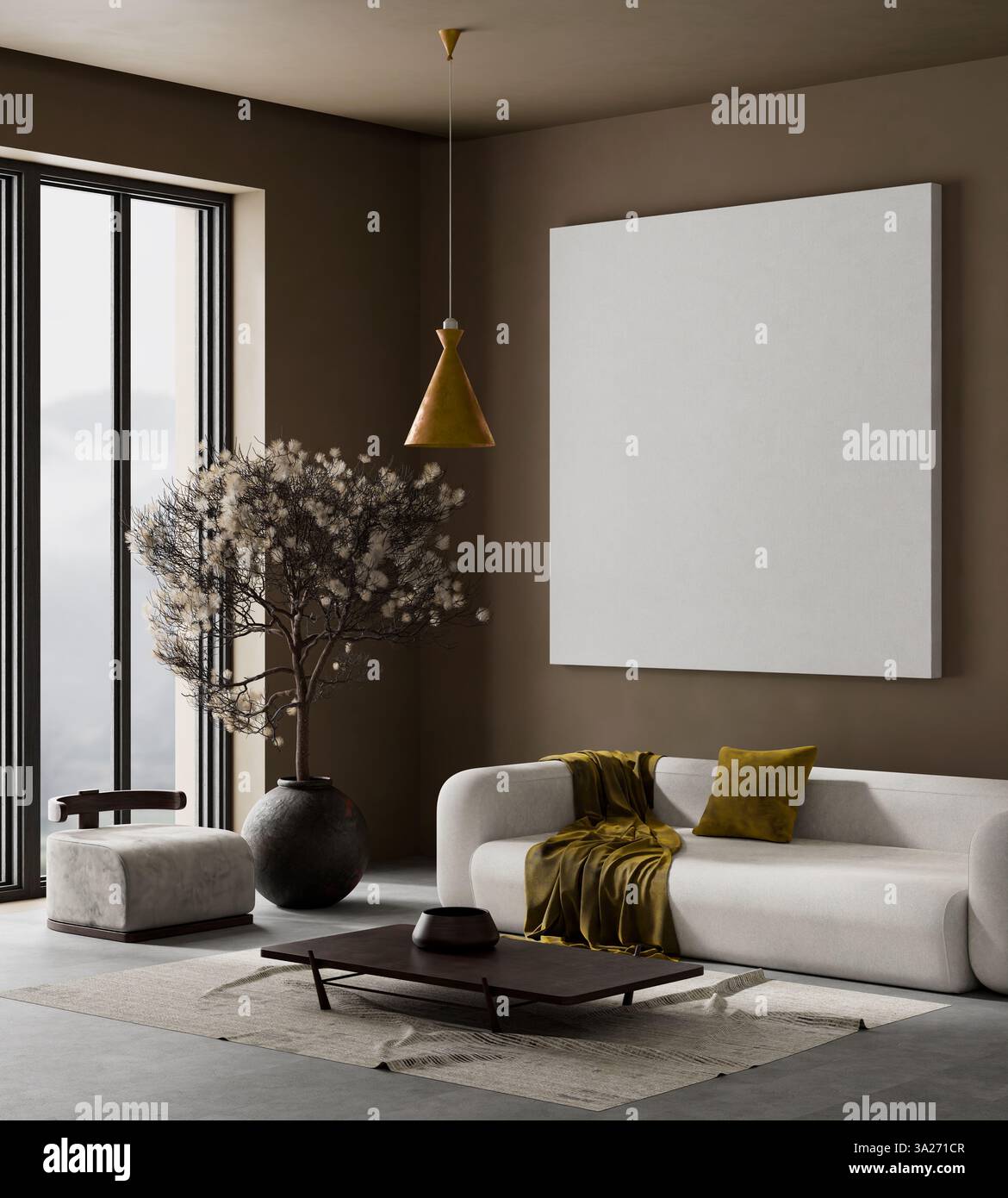 living room interior mock up with modern furnitures. Poster frame mock ...