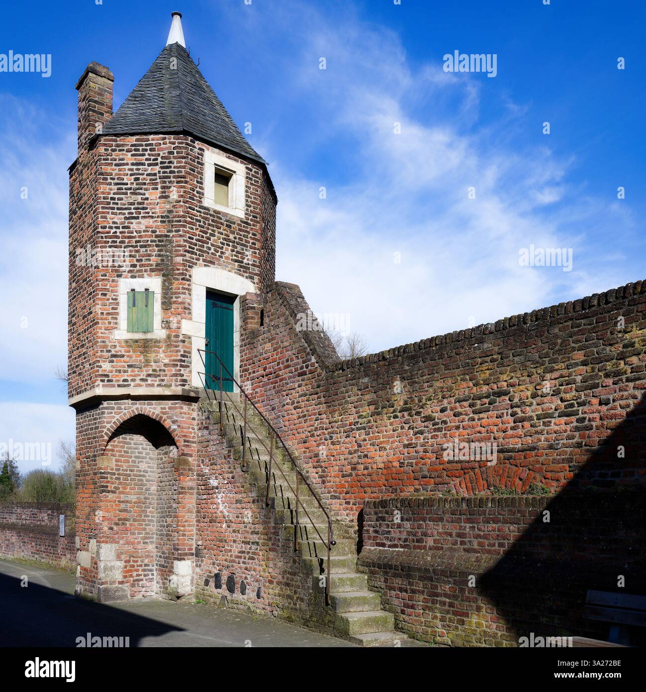 Historic octagonal watchtower on the medieval town wall of Zons called ...