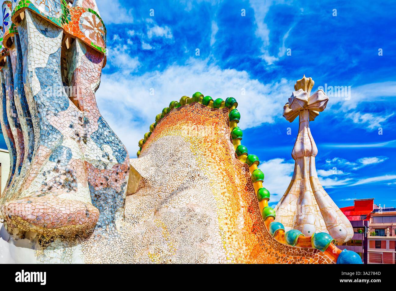 Outdoor on roof Gaudi's creation- House Casa Batllo. Spain Stock Photo ...
