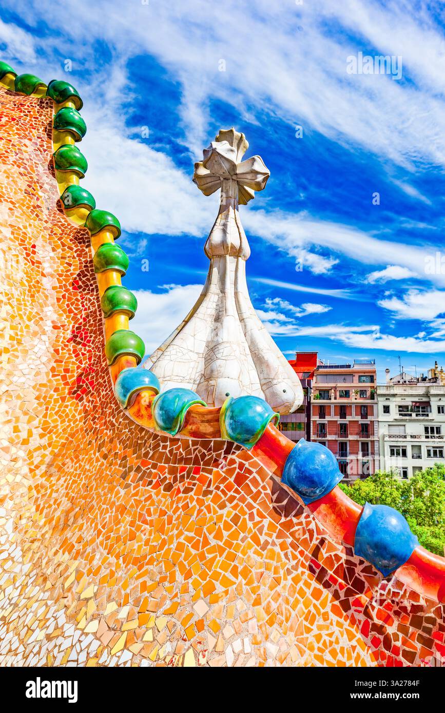 Outdoor on roof Gaudi's creation- House Casa Batllo. Spain Stock Photo ...