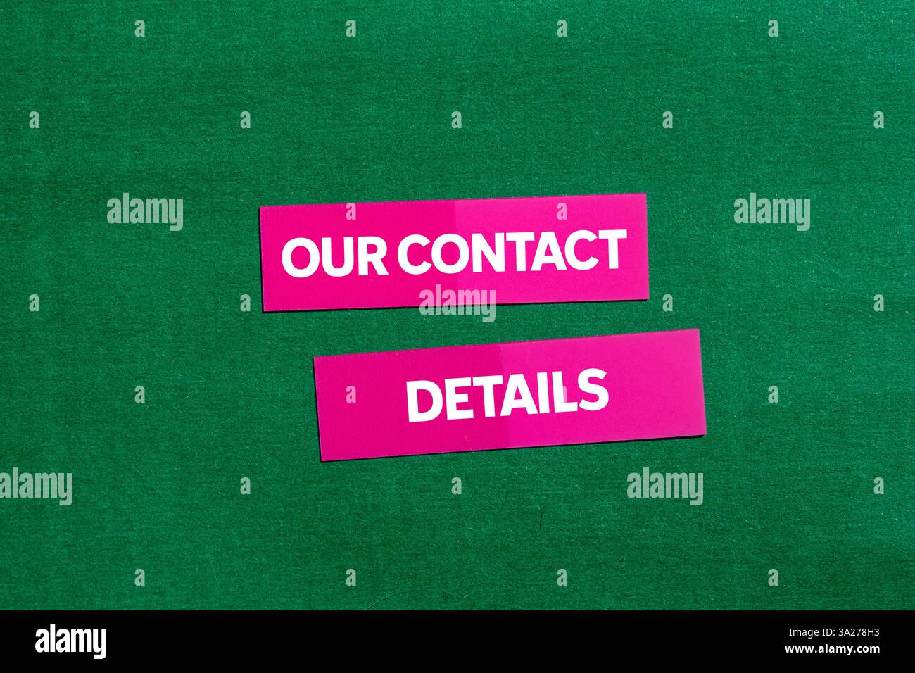 Our contact details message written on pink stickers on green background. Conceptual our contact ...