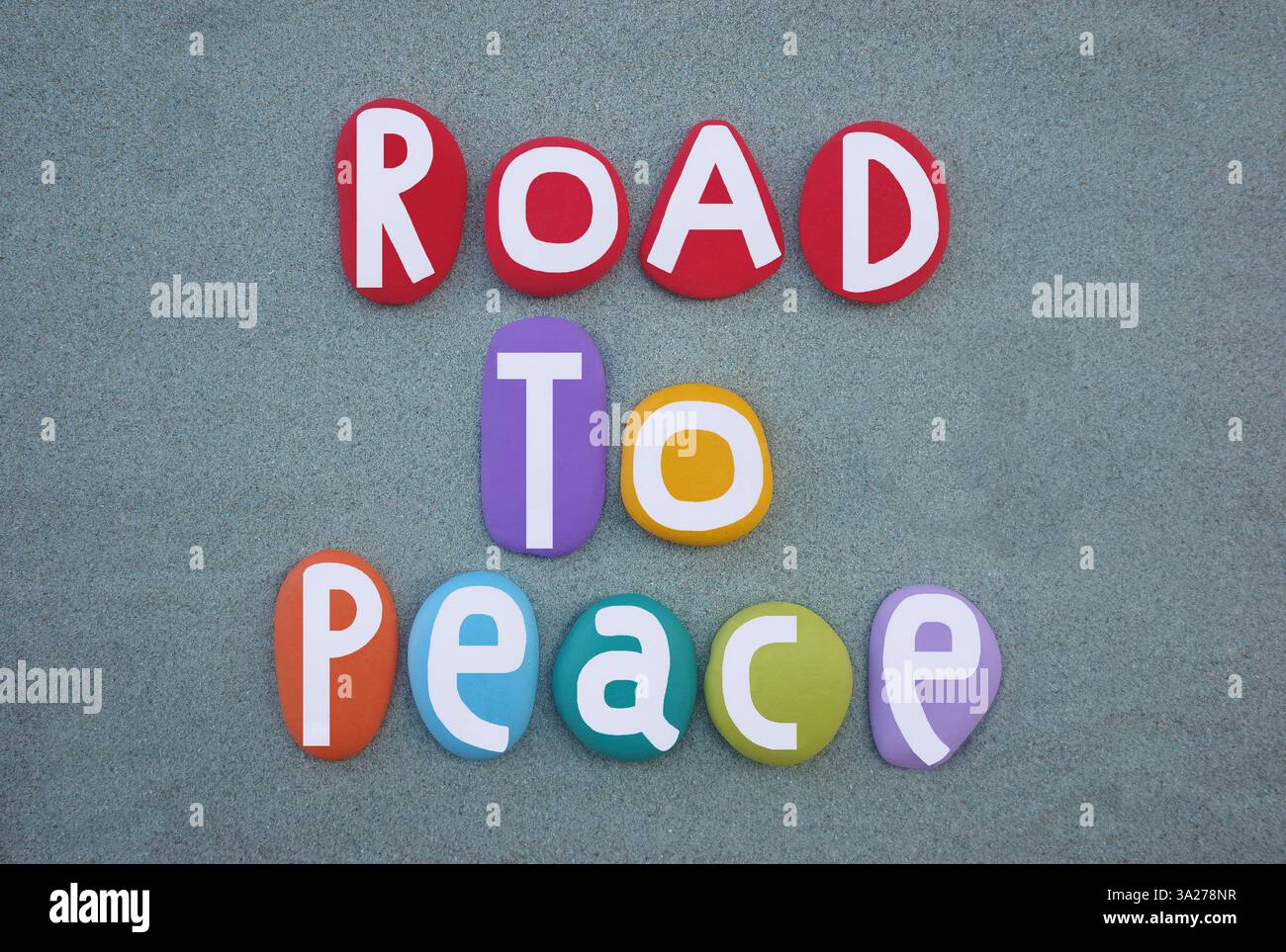 Road to peace, creative social slogan composed with multi colored hand ...