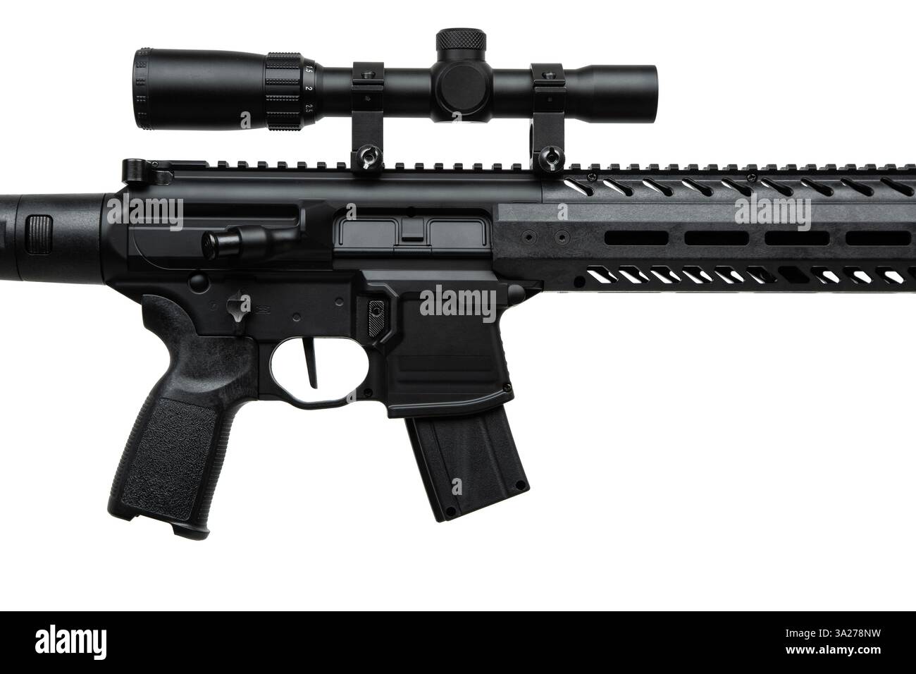 A black air rifle with a mounted scope, featuring a tactical design and ...