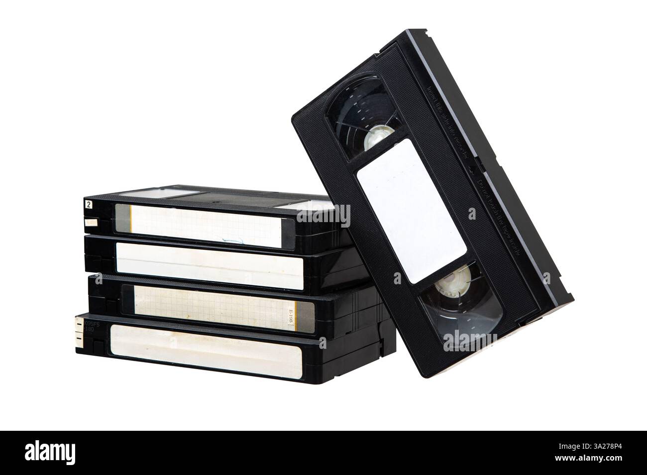 Stack of vintage VHS tapes, black with white labels, retro video ...