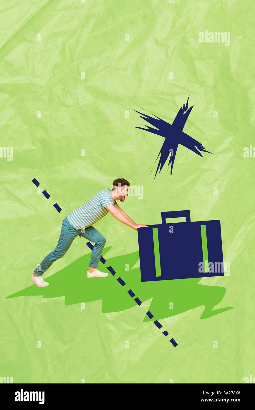 Poster photo vertical collage of angry man push suitcase cross icon ...