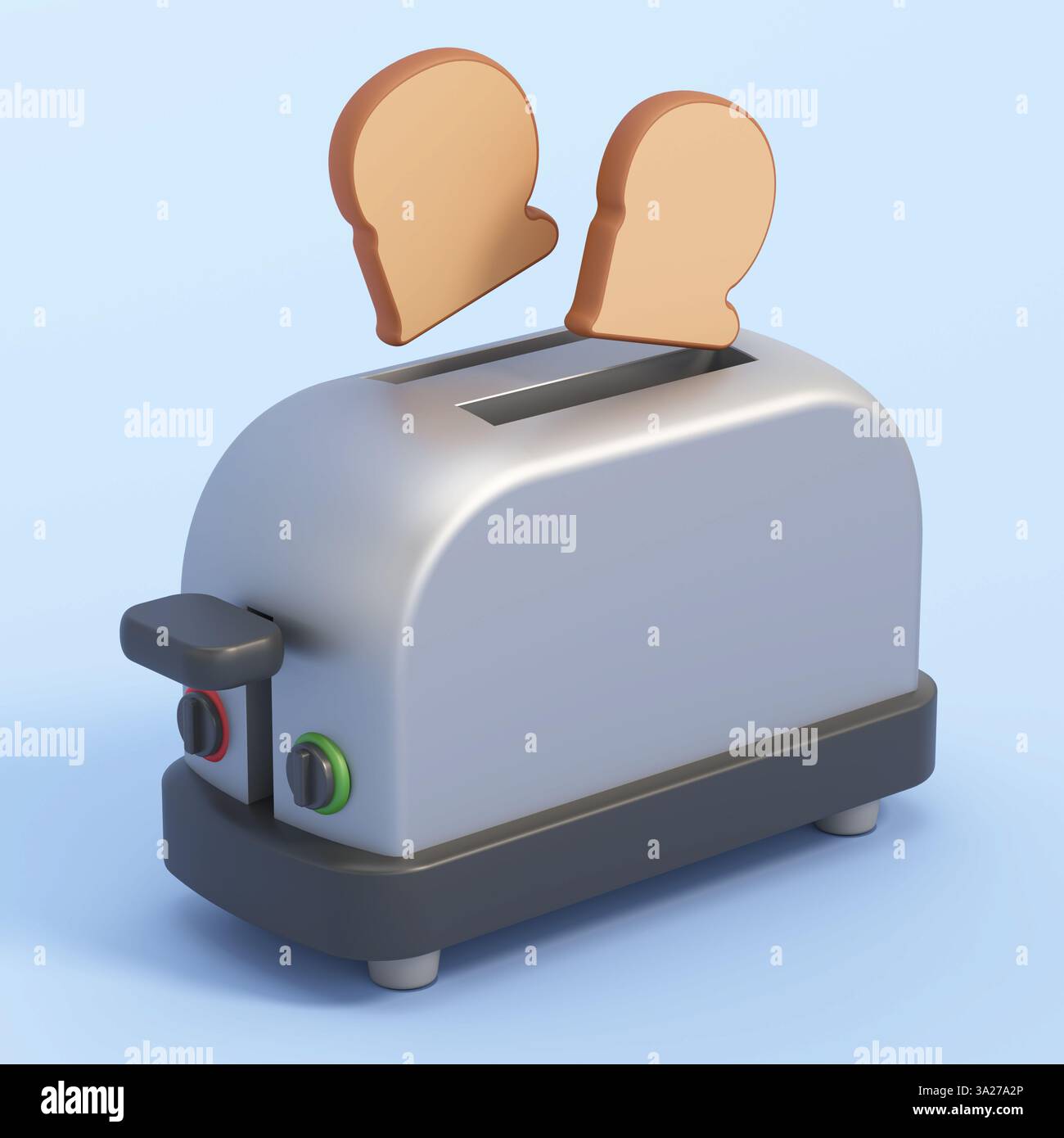 Cartoon toaster with breads isolated on blue background. 3D ...