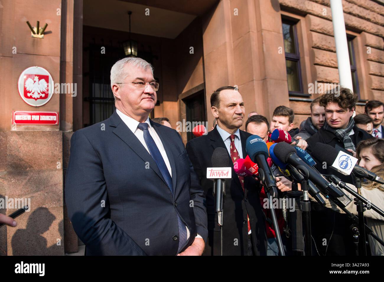 Andriy Sybiga (L) and Radoslaw Sikorski (R) are seen at the press ...