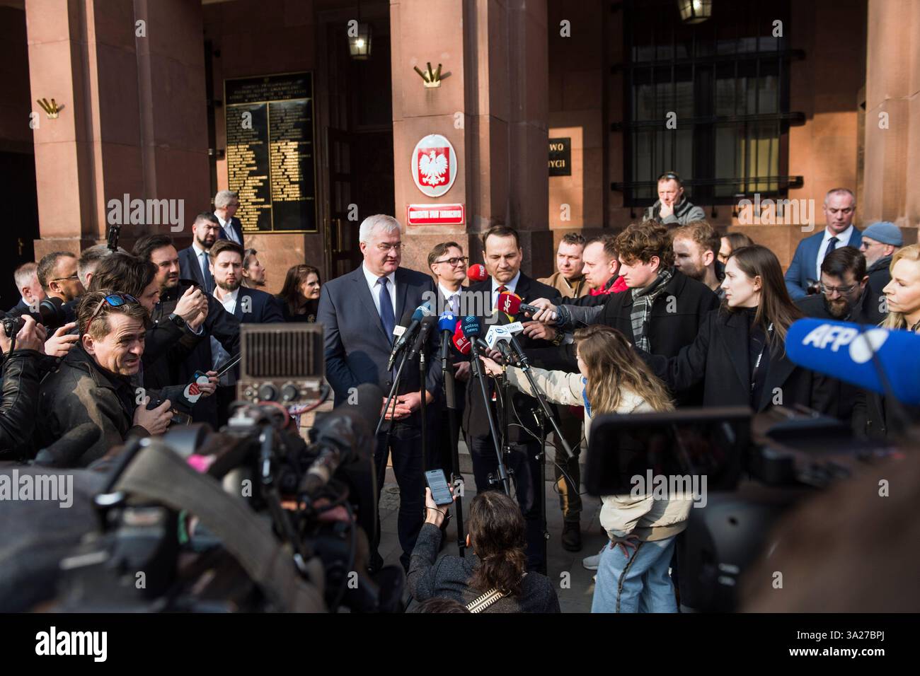 Andriy Sybiga (L) and Radoslaw Sikorski (R) are seen at the press ...