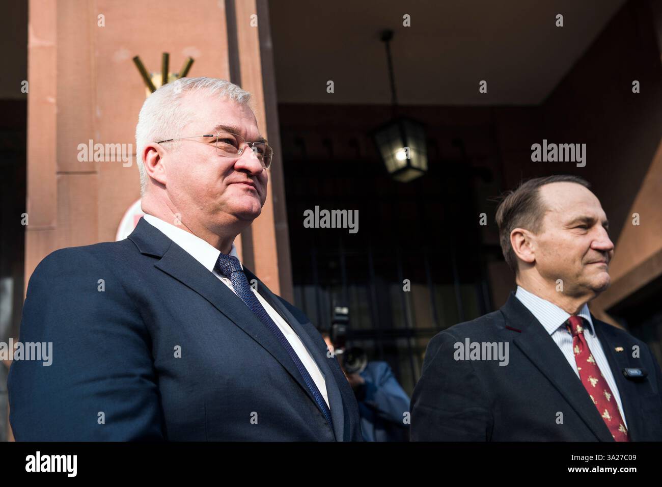 Andriy Sybiga (L) and Radoslaw Sikorski (R) are seen at the press ...