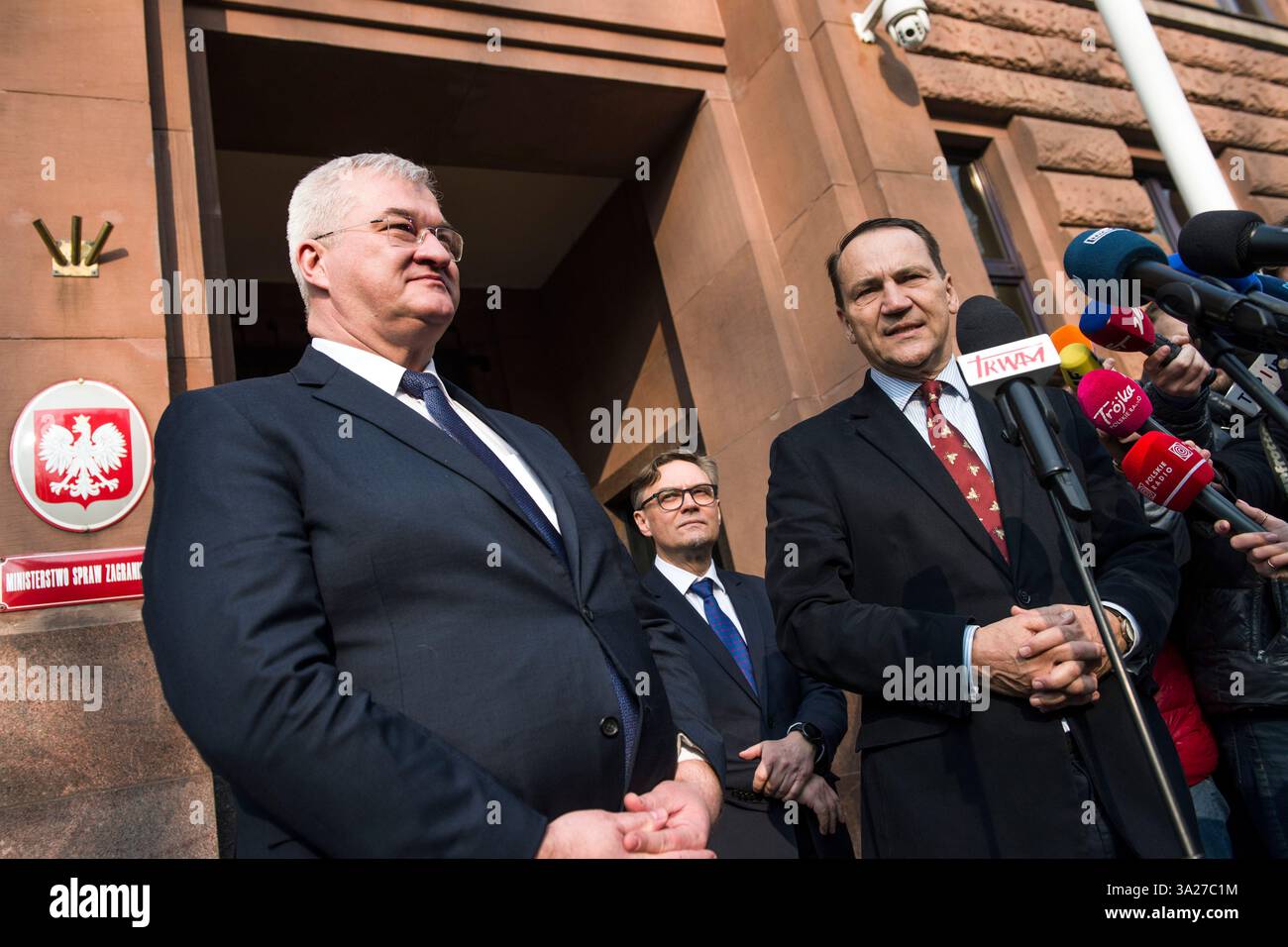 Andriy Sybiga (L) and Radoslaw Sikorski (R) are seen at the press ...