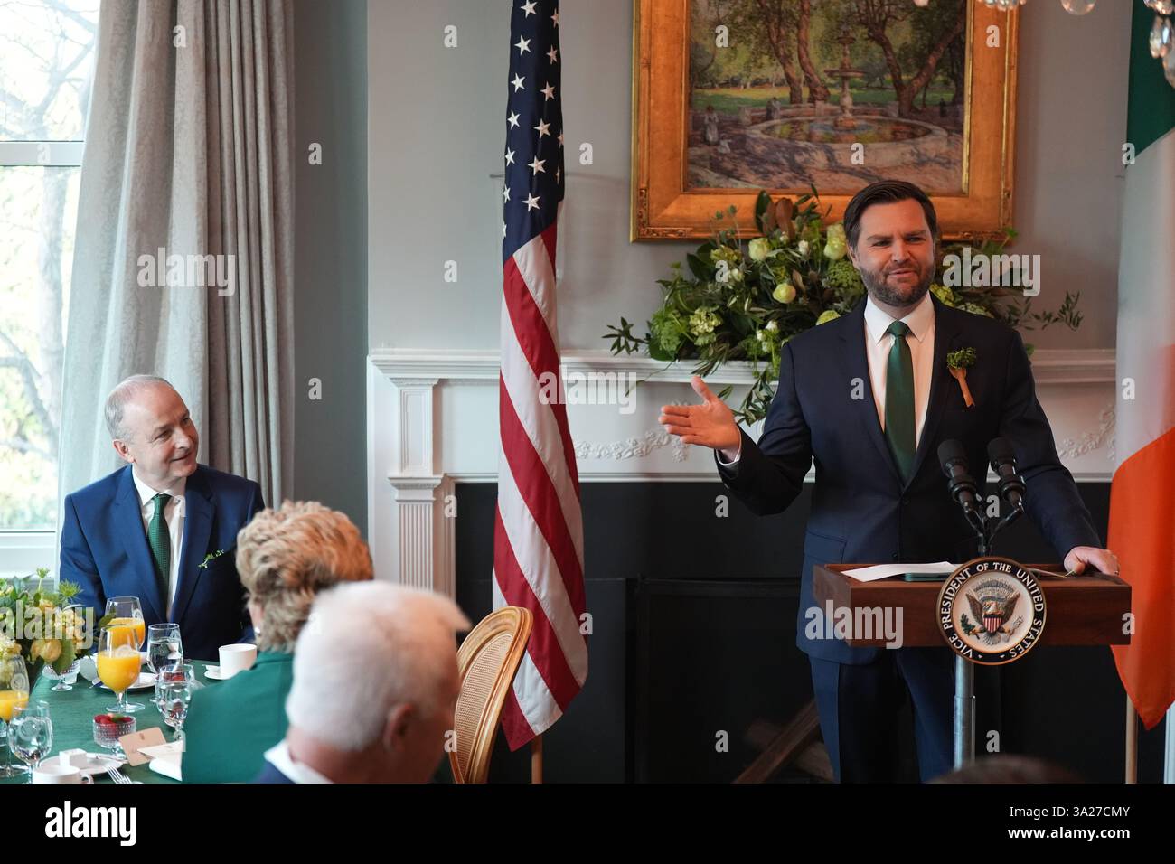 US Vice President JD Vance speaking at a breakfast meeting he hosted at ...