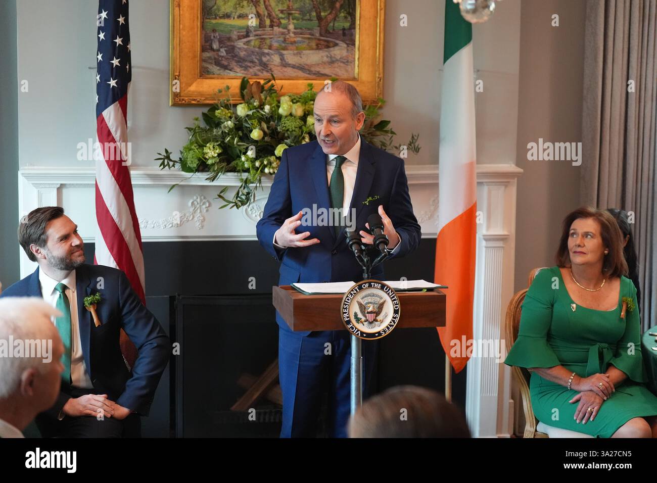 Taoiseach Micheal Martin speaking at a breakfast meeting hosted by US ...