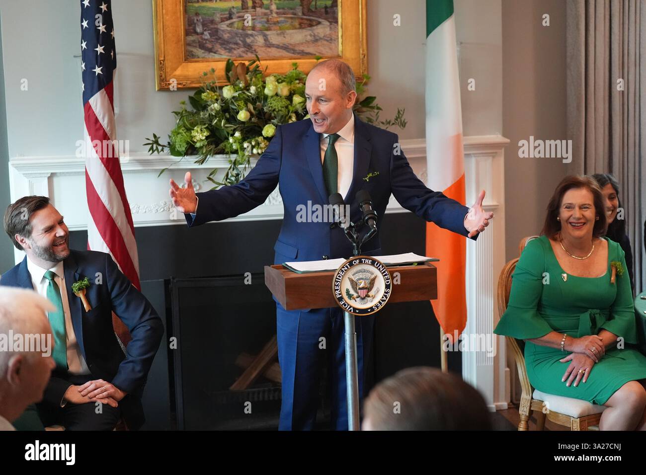 Taoiseach Micheal Martin speaking at a breakfast meeting hosted by US ...