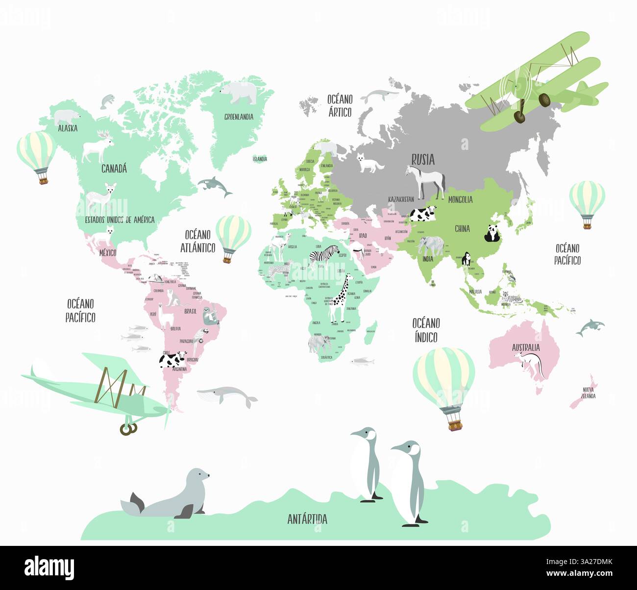 WORLD MAP IN PASTEL COLORS, WITH NAMES OF COUNTRIES IN SPANISH, AND ...