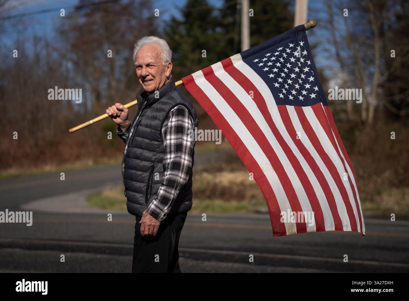 Point Roberts, United States. 05th Mar, 2025. Brian Calder holds an ...