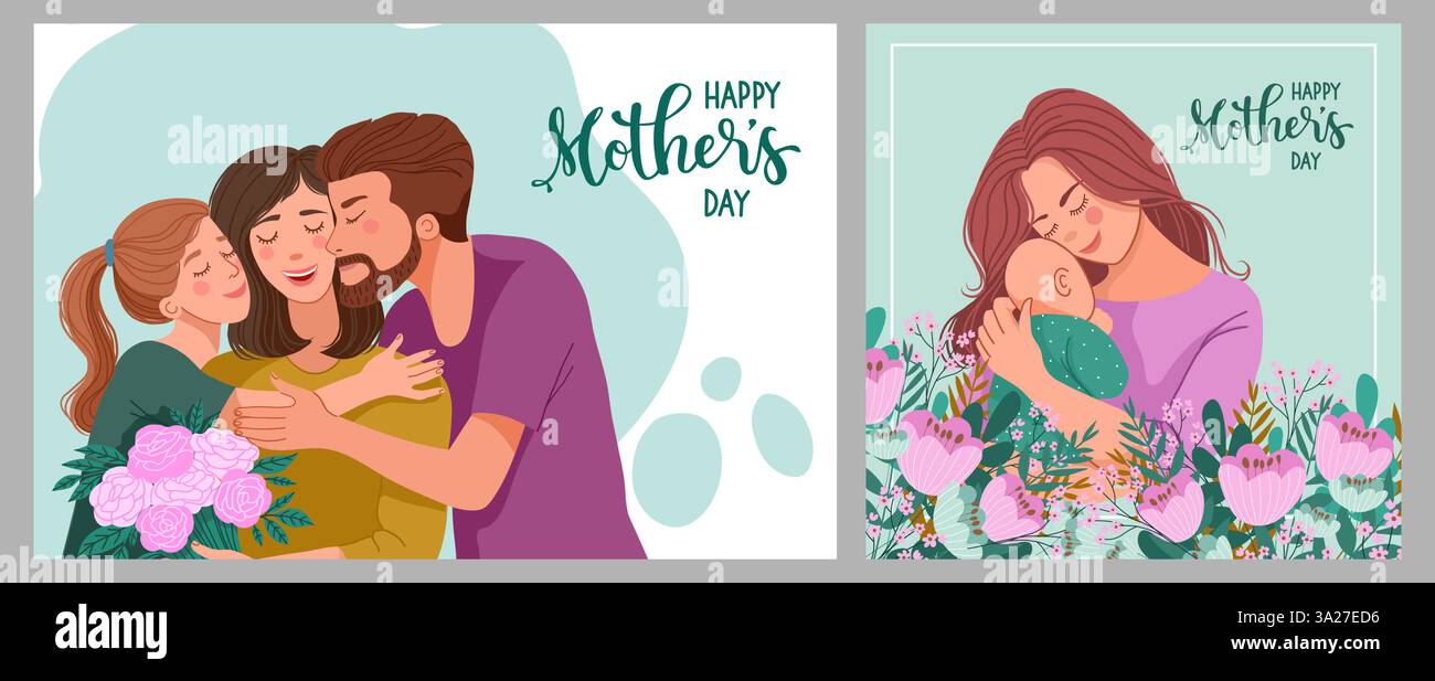 Set of cute Mothers Day postcards. Vector illustration Stock Vector ...
